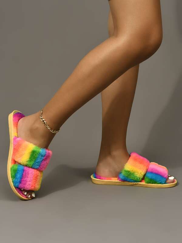 Colorblock Double Strap Fluffy Slippers | SHEIN USA