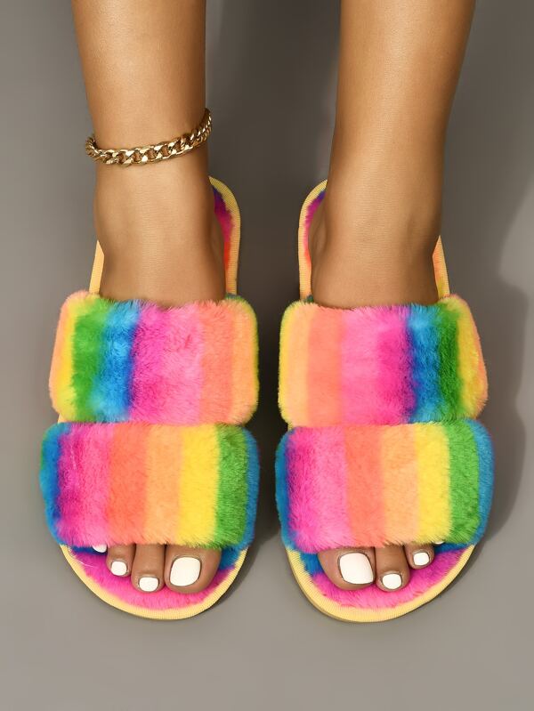 Colorblock Double Strap Fluffy Slippers | SHEIN USA