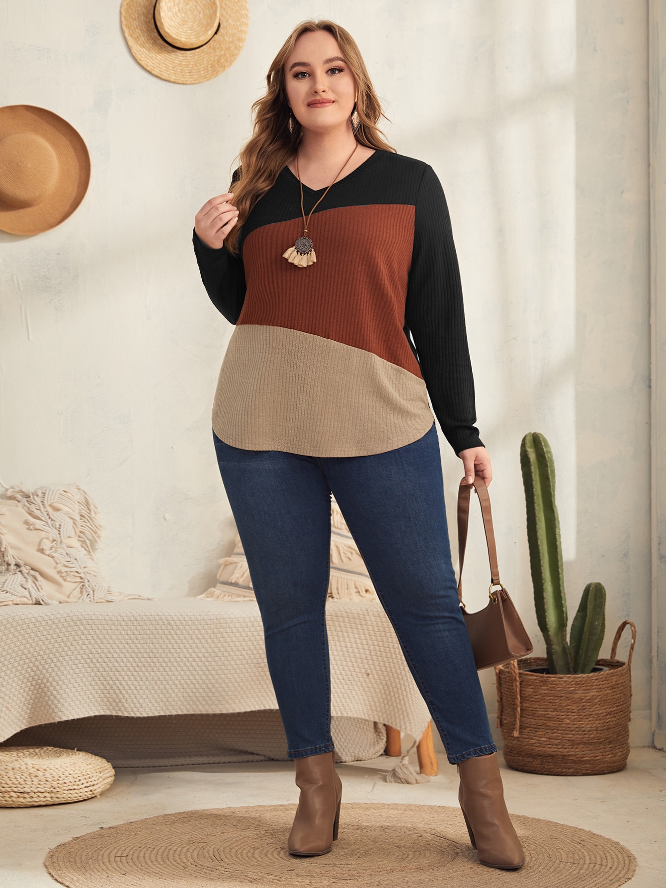 EMERY ROSE Plus Color Block Ribbed Knit Tee | SHEIN USA