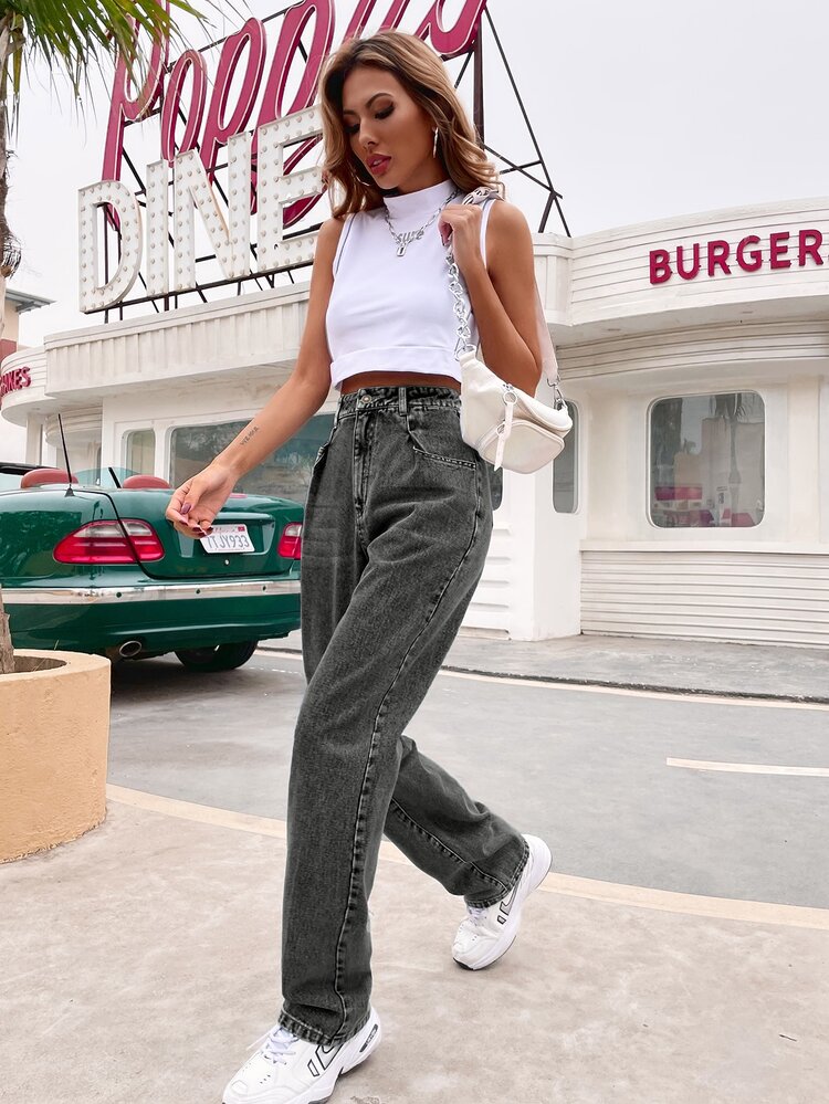 High Waisted Snow Washed Jeans | SHEIN UK