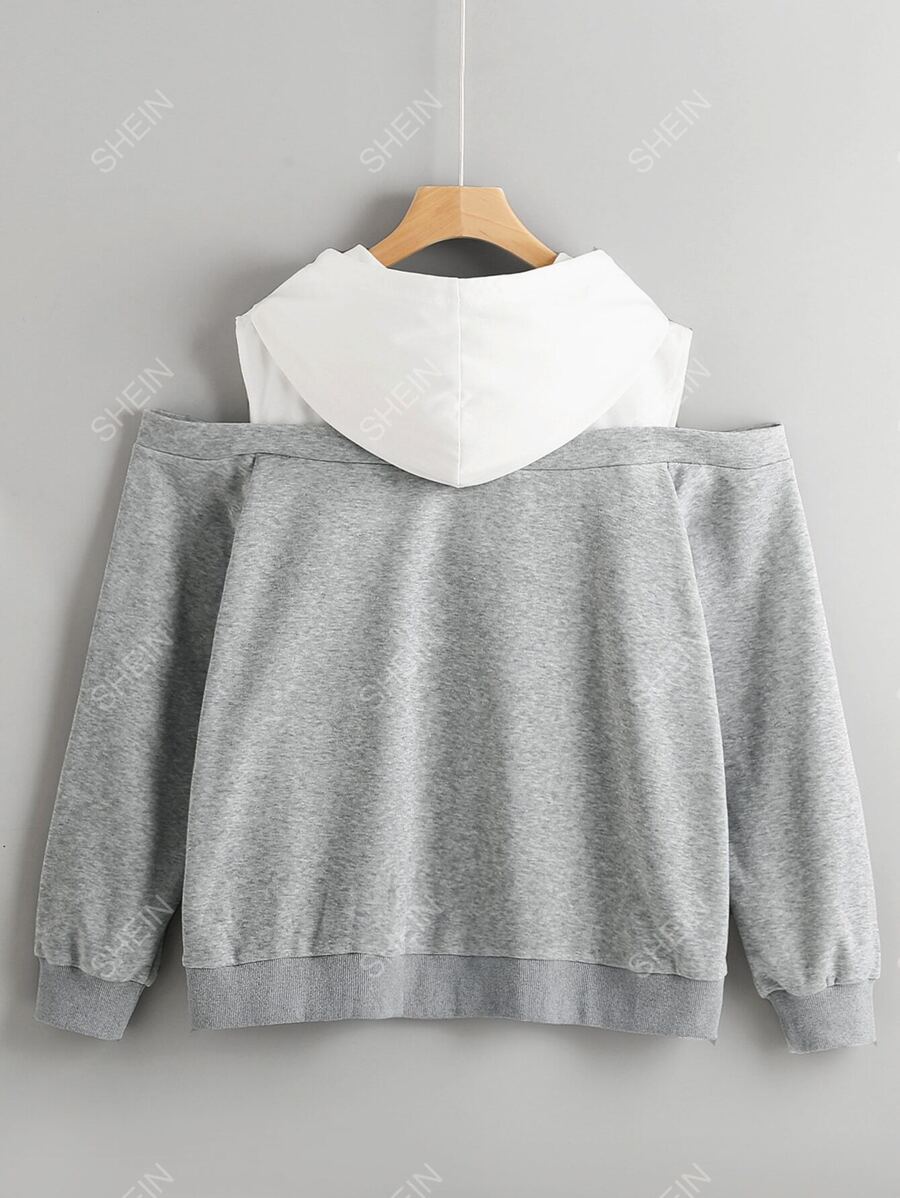 Shein Ezwear Plus Two Tone Cold Shoulder Drawstring 2 In 1 Hoodie For