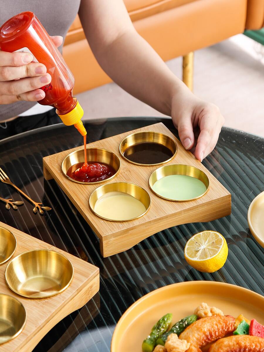 Creative Seasoning Stainless Steel Flavors Plate With Wooden Tray & Grids For Korean Barbecue ...