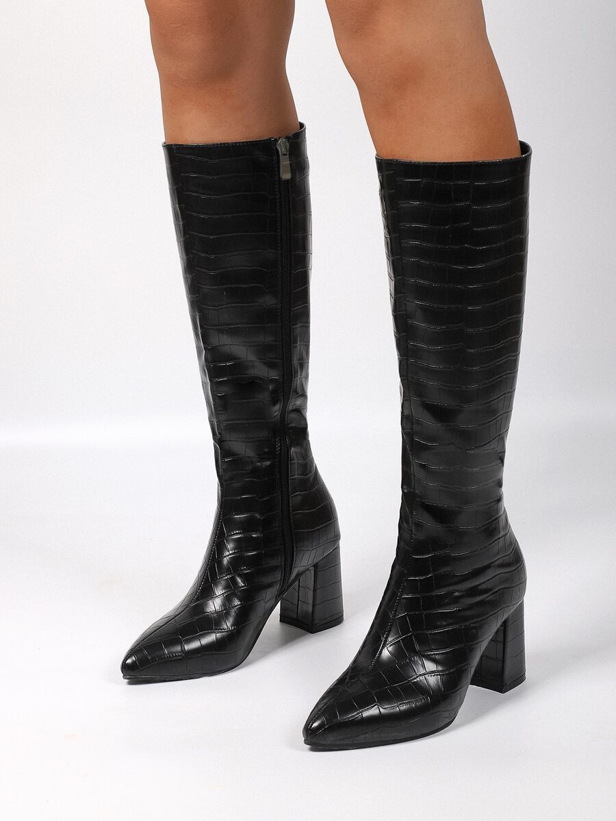 Minimalist Crocodile Embossed Point Toe Classic Boots | SHEIN EUR