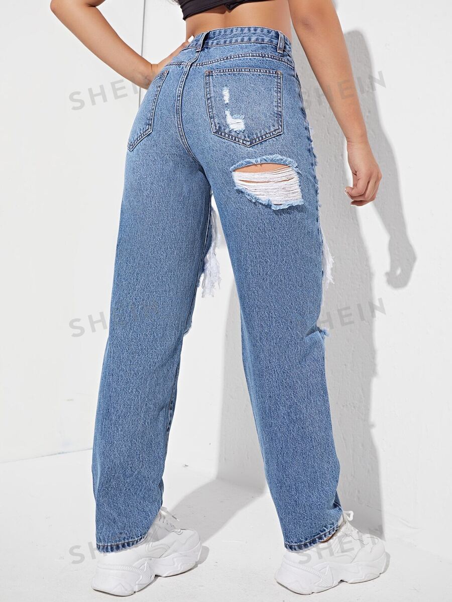 SHEIN EZwear High Waisted Ripped Straight Leg Jeans | SHEIN UK