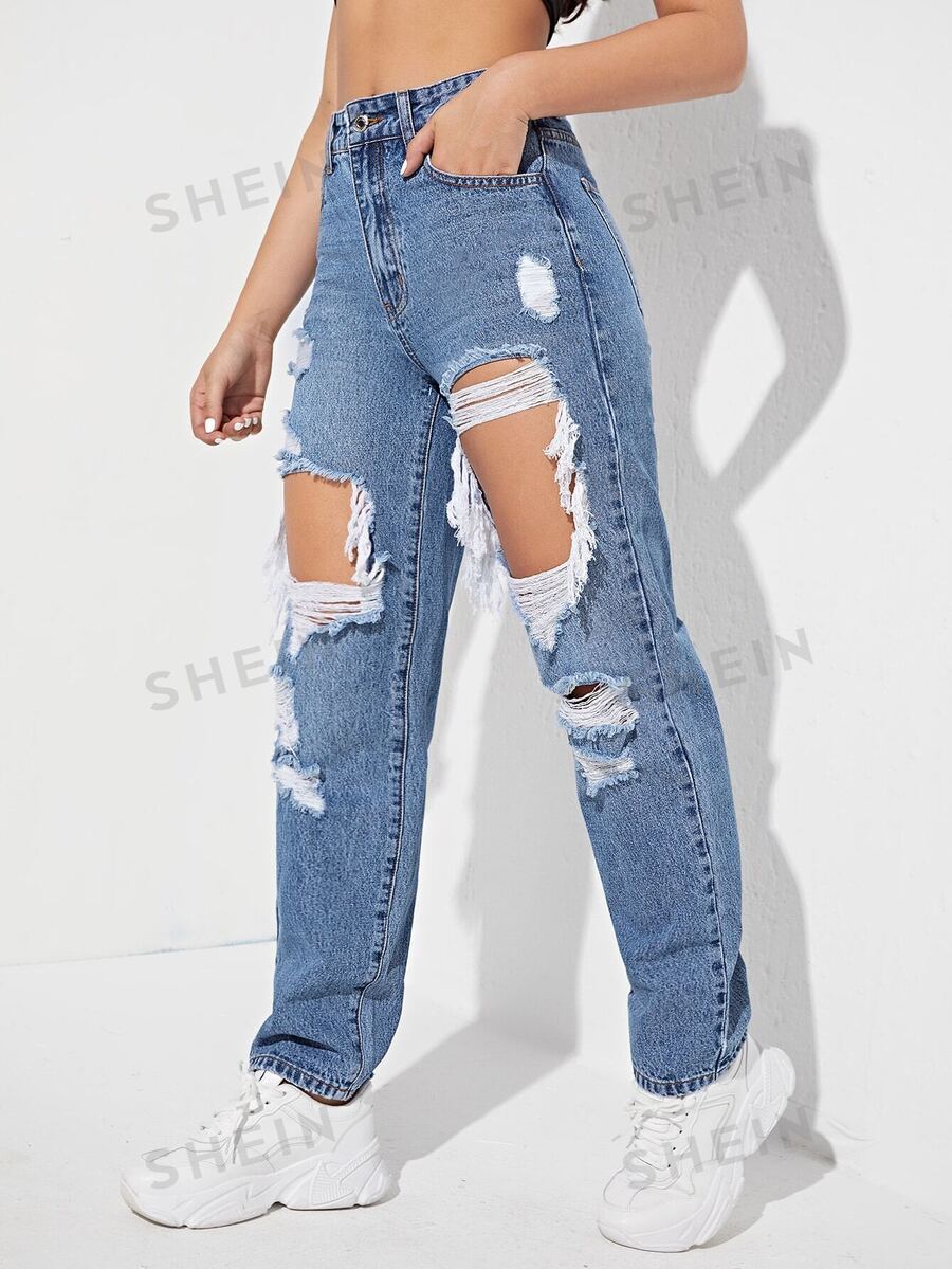 SHEIN EZwear High Waisted Ripped Straight Leg Jeans | SHEIN UK