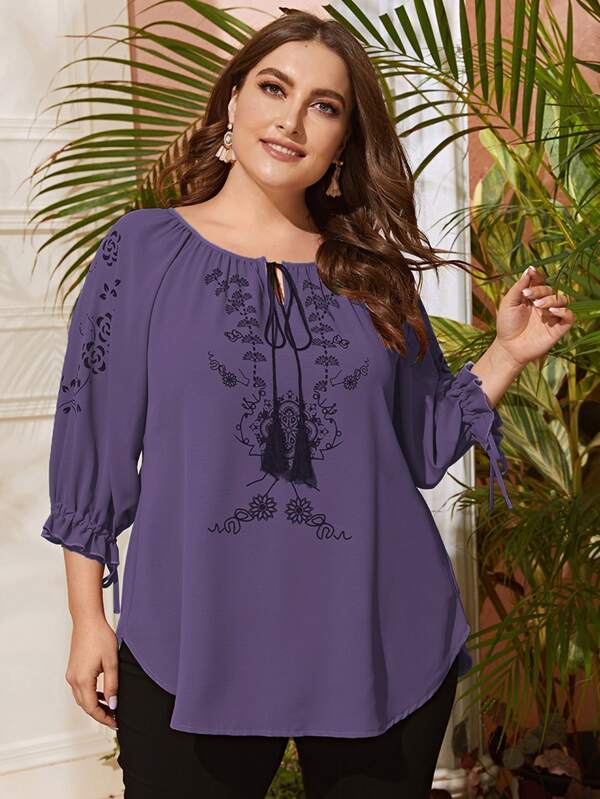 SHEIN Modely Plus Floral Print Tie Neck Drawstring Cuff Blouse | SHEIN USA