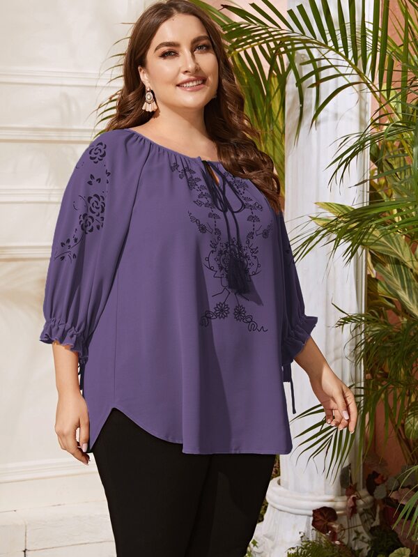 SHEIN Modely Plus Floral Print Tie Neck Drawstring Cuff Blouse | SHEIN USA