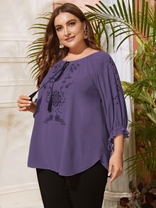 SHEIN Modely Plus Floral Print Tie Neck Drawstring Cuff Blouse | SHEIN USA