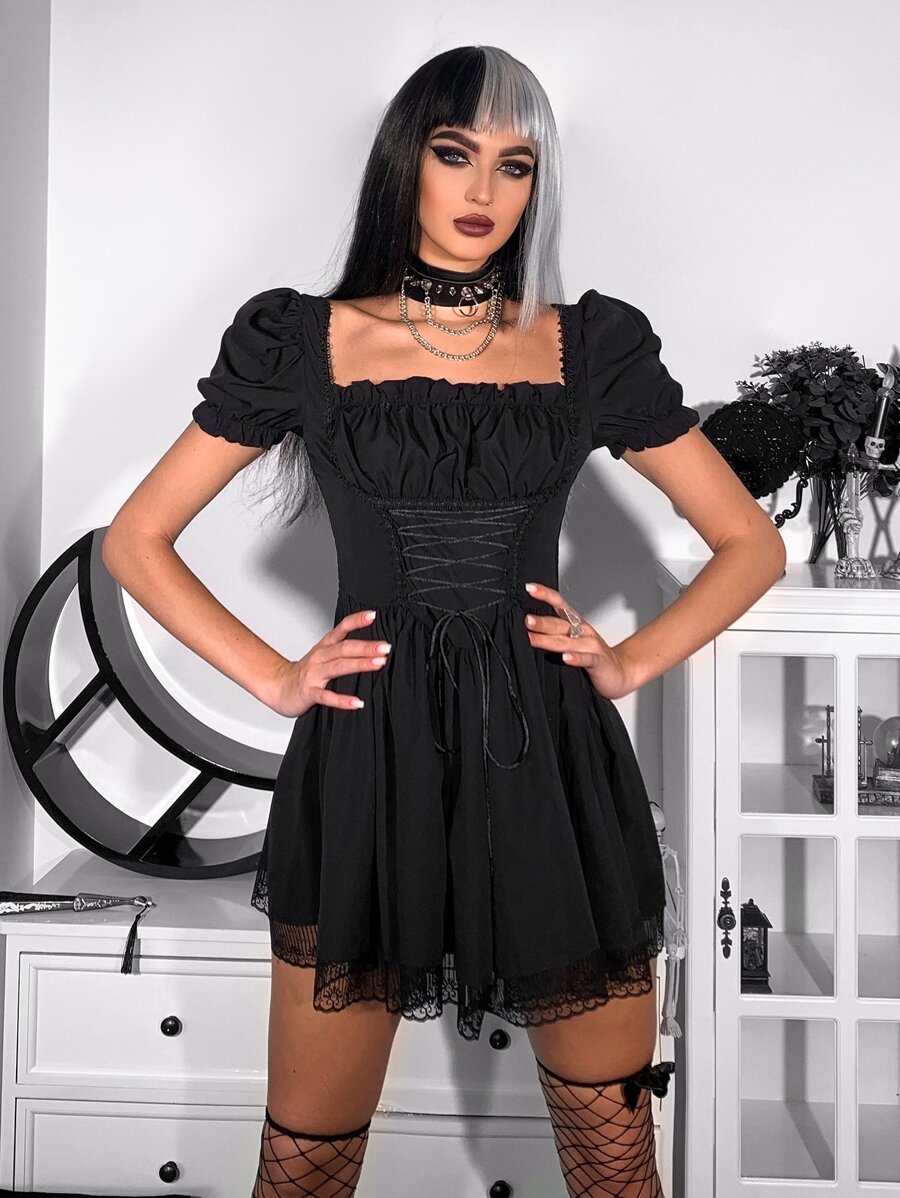 Gothic Square Neck Frill Trim Puff Sleeve Lace Up Front Dress | SHEIN UK
