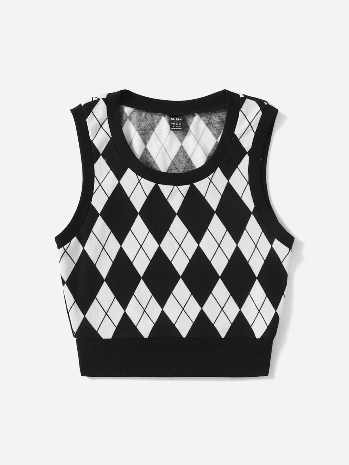 Shein Ezwear Black And White Argyle Pattern Round Neck Tight Tank Top Shein Usa