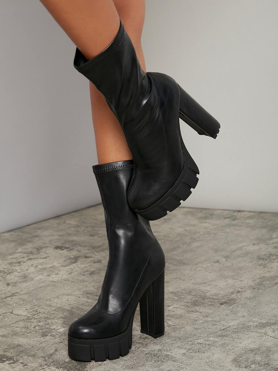 Stretch Vegan Leather Lug Sole High Heel Booties | SHEIN USA