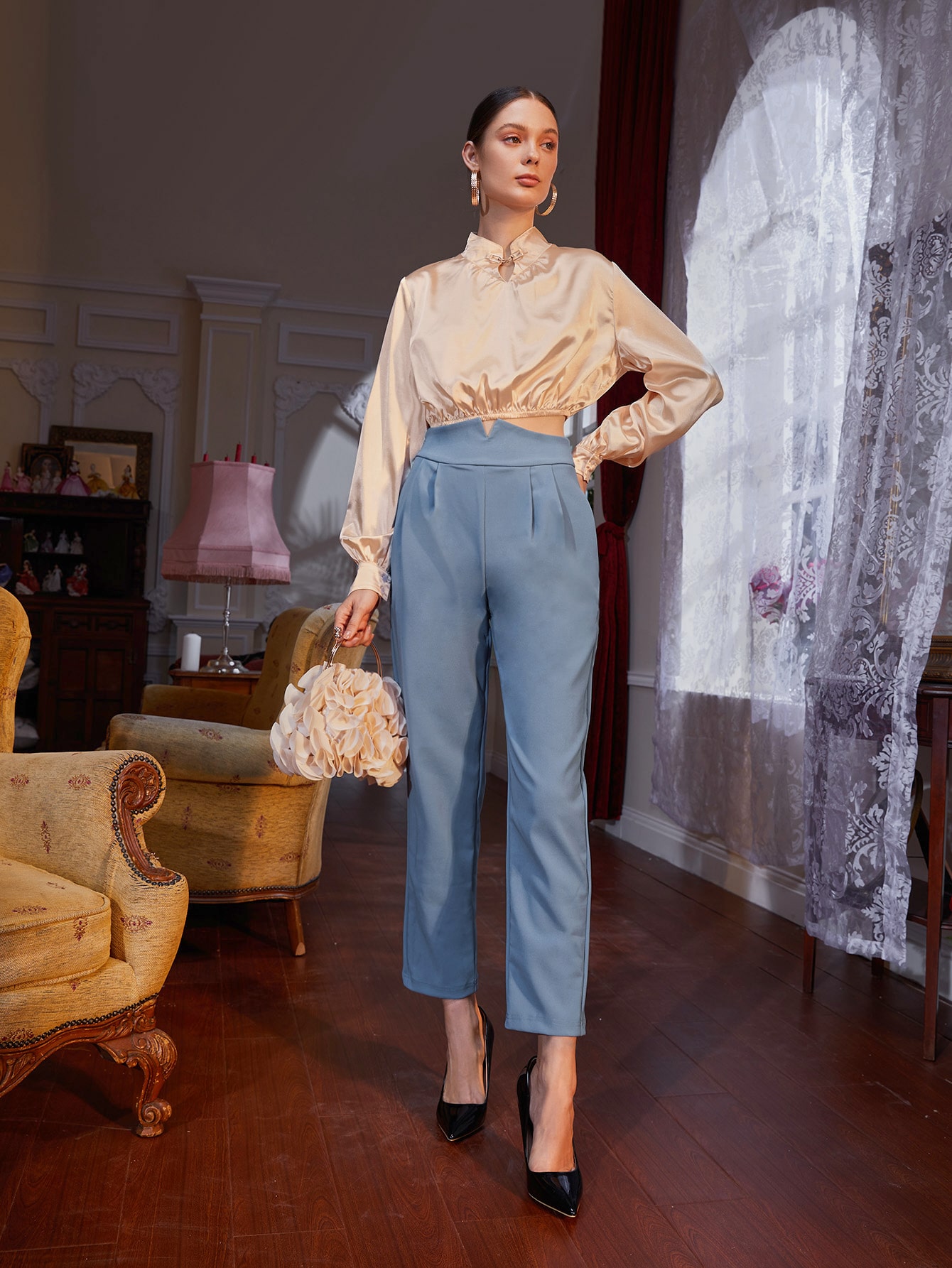 Lana Lumiere Notched Waist Fold Pleated Pants | SHEIN USA