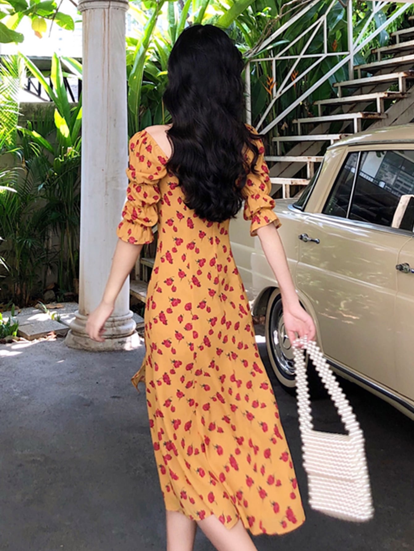 Honeyspot Tie Front Marie Sleeve High Slit Milkmaid Dress | SHEIN USA