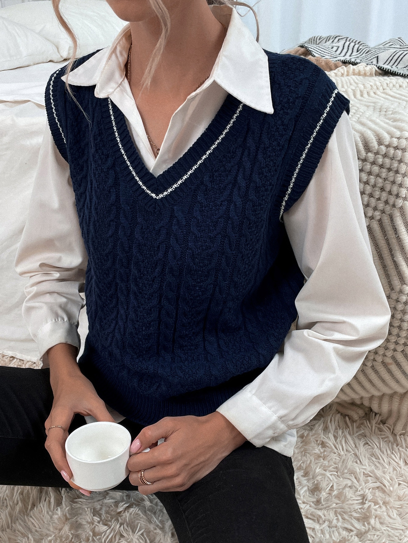 Striped Trim Sweater Vest Without Blouse