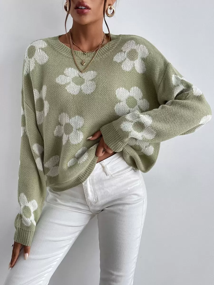 SHEIN LUNE Floral Pattern Drop Shoulder Sweater,Long Sleeve Tops Knit ...