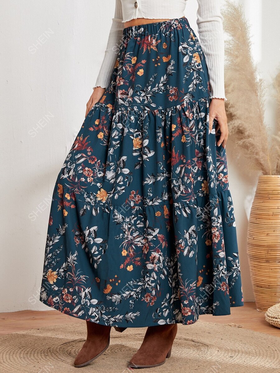 EMERY ROSE High Waist Floral Print Ruffle Hem Skirt | SHEIN UK