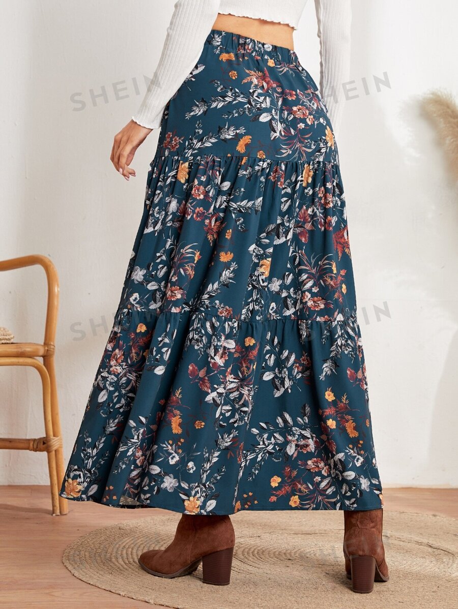 EMERY ROSE High Waist Floral Print Ruffle Hem Skirt | SHEIN UK