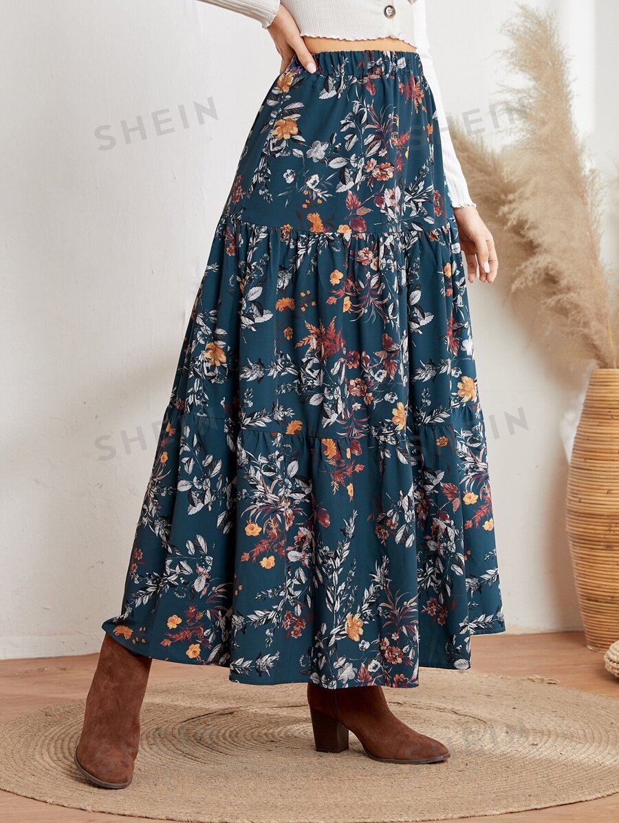 EMERY ROSE High Waist Floral Print Ruffle Hem Skirt | SHEIN UK