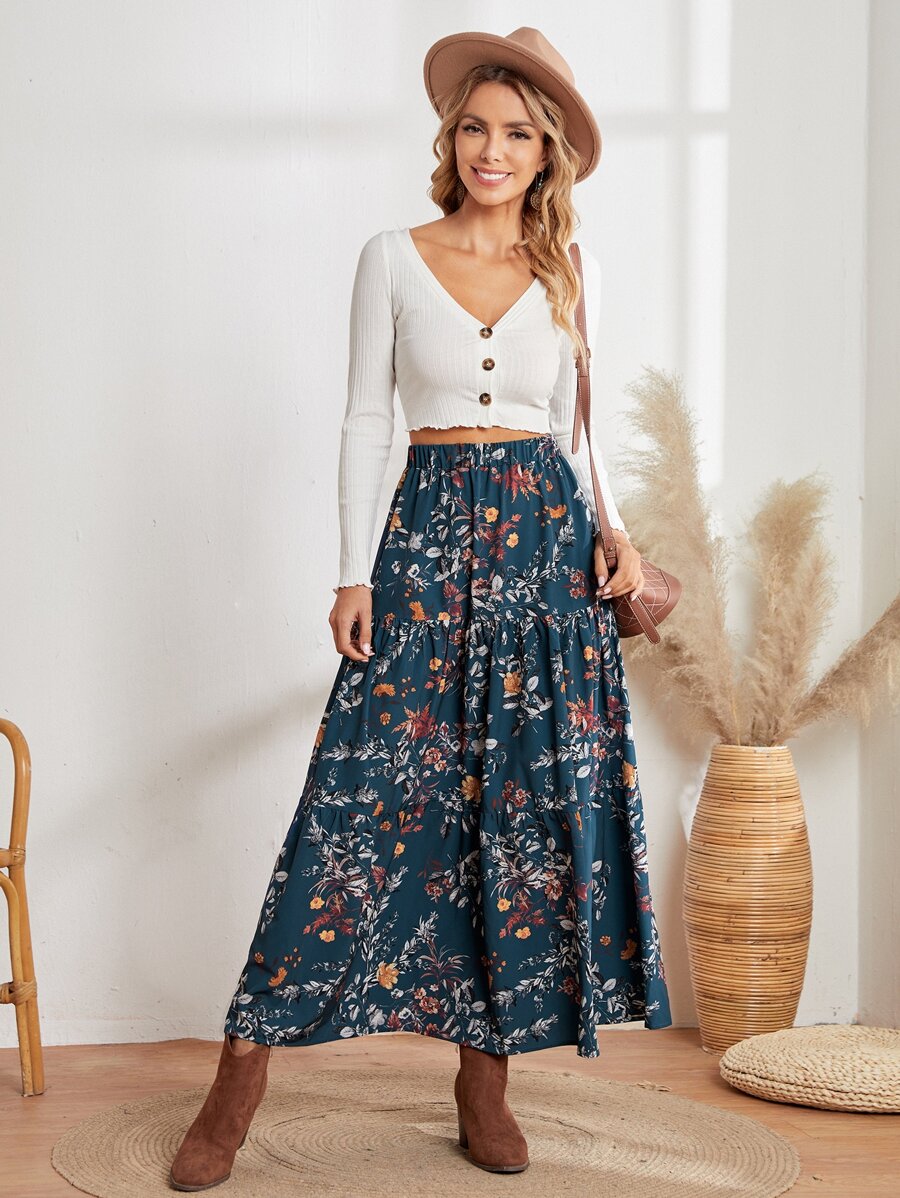 EMERY ROSE High Waist Floral Print Ruffle Hem Skirt | SHEIN UK