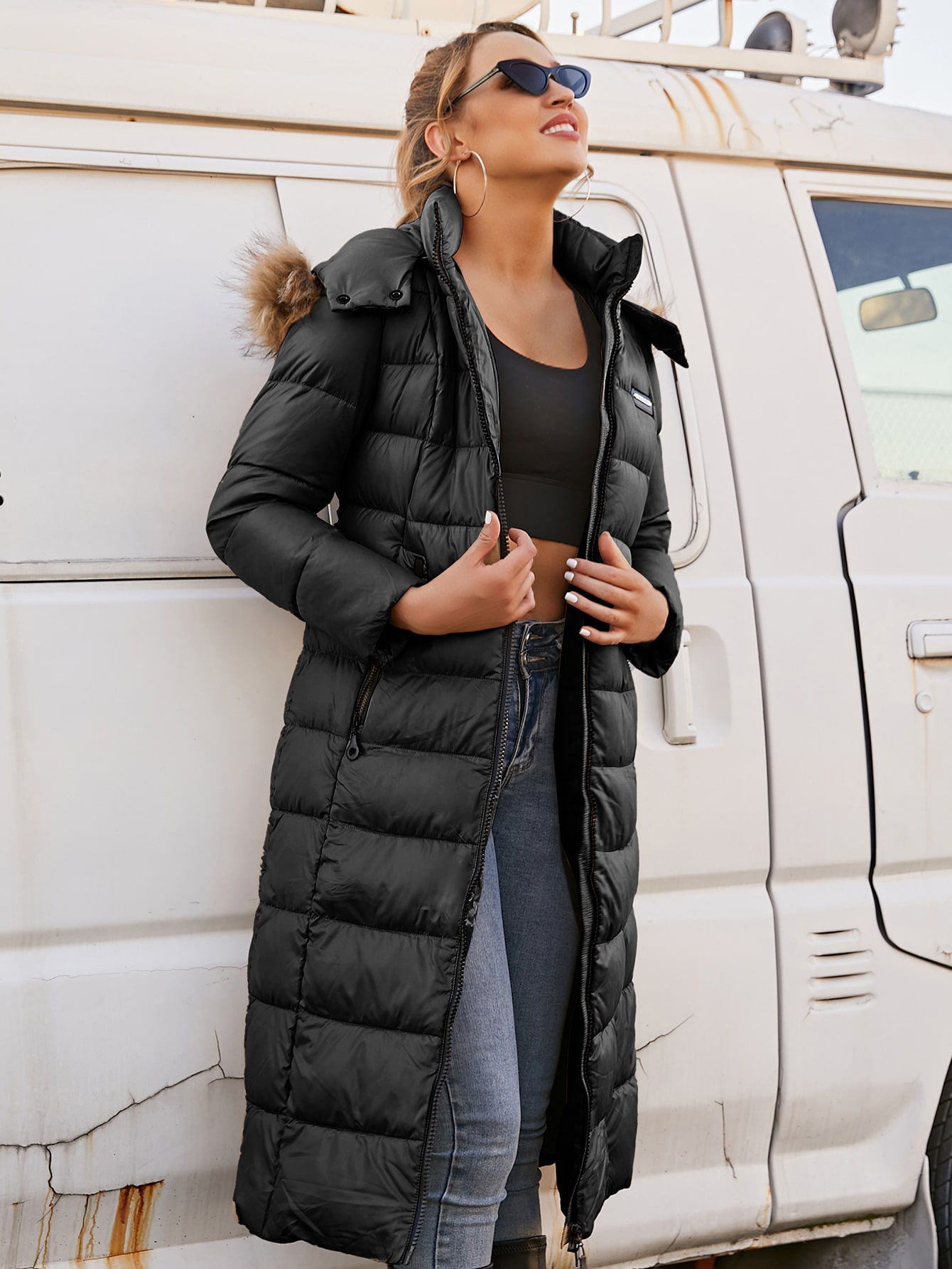 ZIAI Zip Up Belted Fuzzy Light Weight Hooded Padded Coat | SHEIN UK