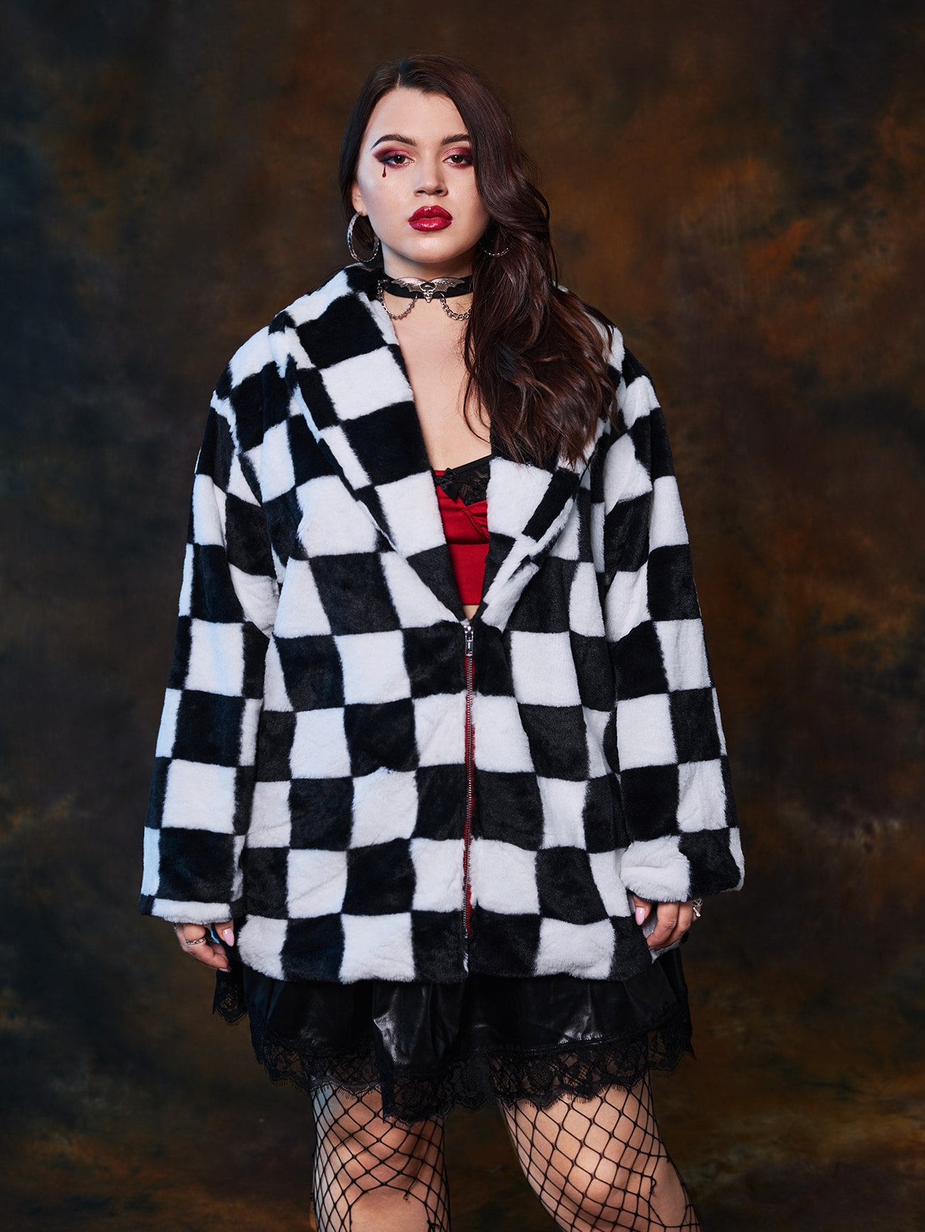 SHEIN Plus Checker Pattern Shawl Collar Fuzzy Coat