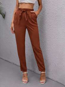 SHEIN Privé Paperbag Waist Belted Pants | SHEIN USA