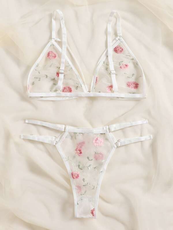 Floral Embroidered Sheer Mesh Cut-out Lingerie Set | SHEIN
