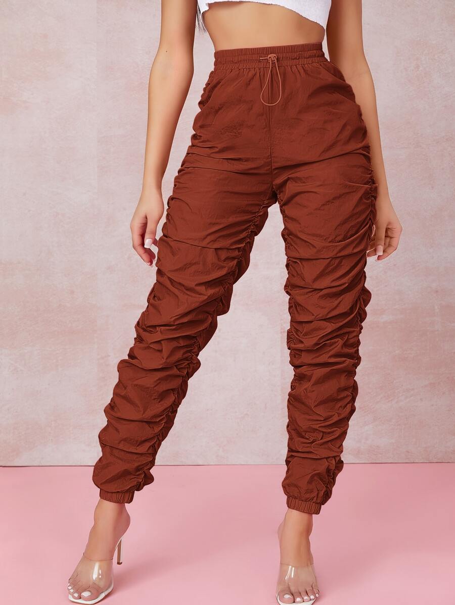 SHEIN BAE Ruched Toggle Drawstring Windbreaker Stacked Pants | SHEIN USA