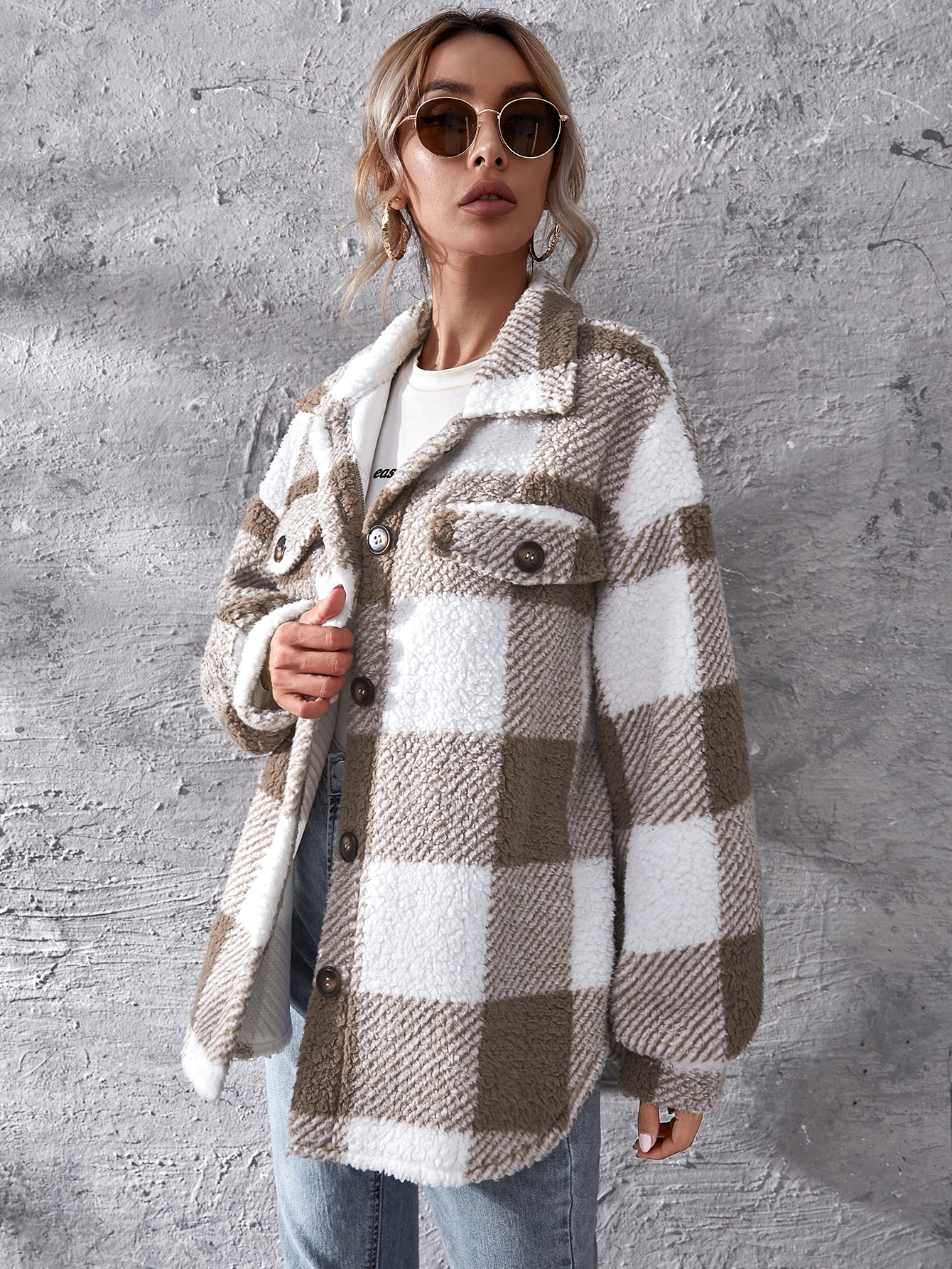 SHEIN LUNE Button Front Gingham Teddy Coat | SHEIN USA