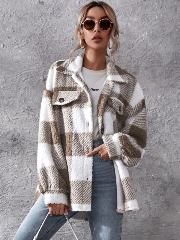 SHEIN LUNE Button Front Gingham Teddy Coat | SHEIN USA