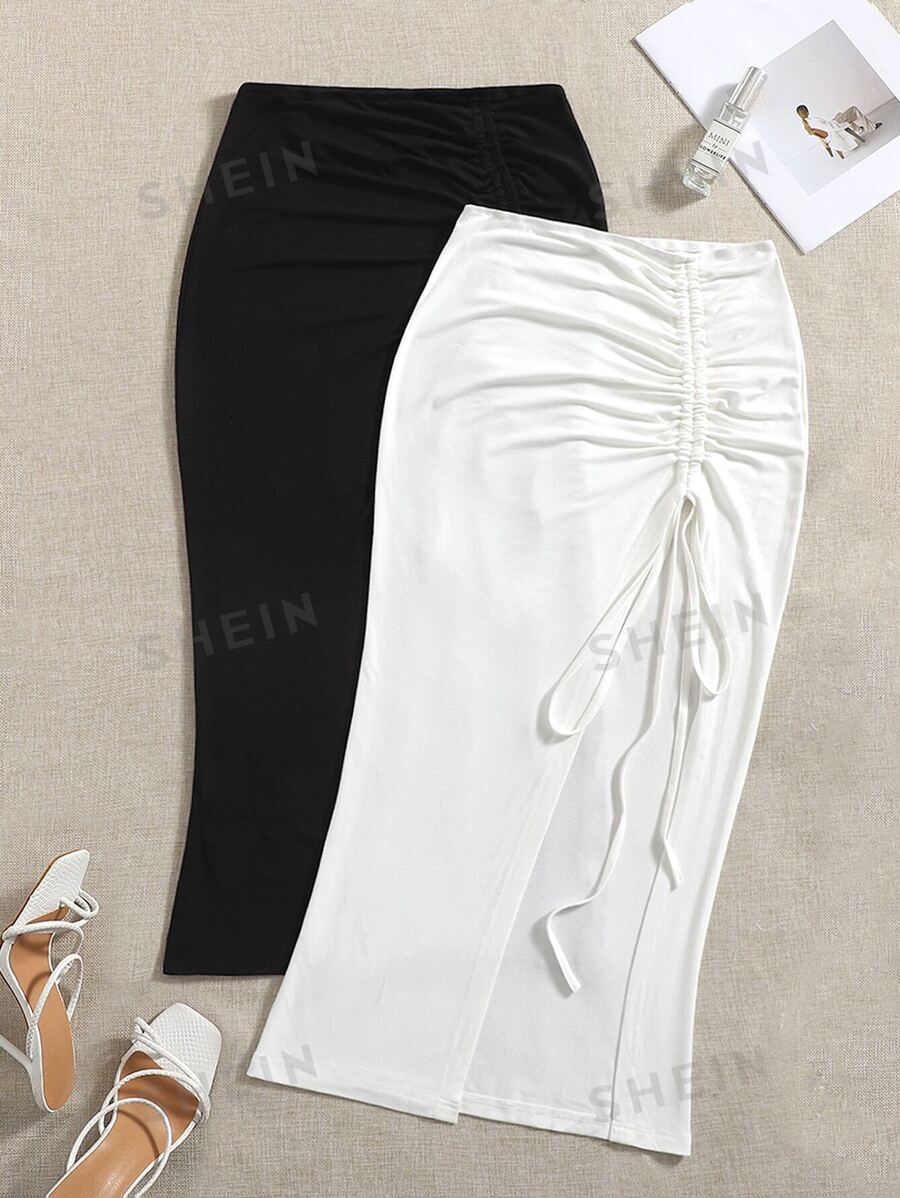 SHEIN VCAY 2pcs Solid Drawstring Split Thigh Spring Skirt | SHEIN UK