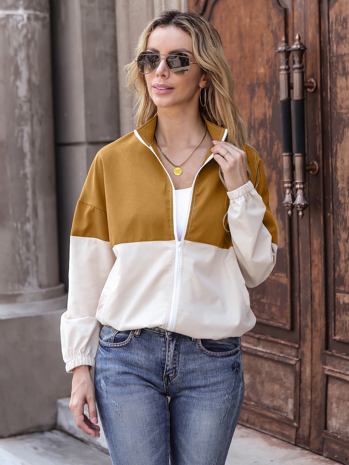 Two Tone Drop Shoulder Zip-up Jacket