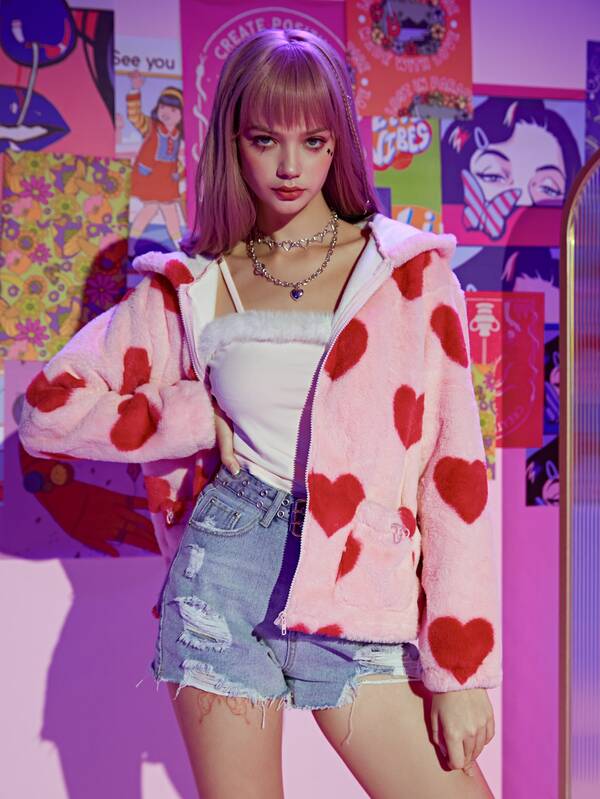 ROMWE Heart Pattern Zip Up Coat | SHEIN USA