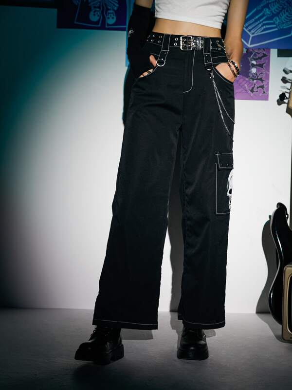 ROMWE Grunge Punk Skull Graphic Contrast Binding Pants | SHEIN UK