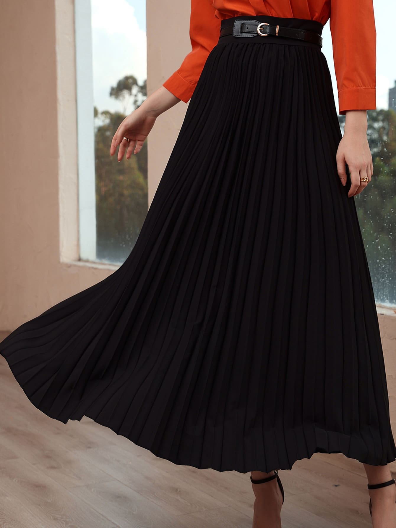 Modelyn Solid High Waist Belted Pleated Skirt Maxi Women Outfit | SHEIN USA