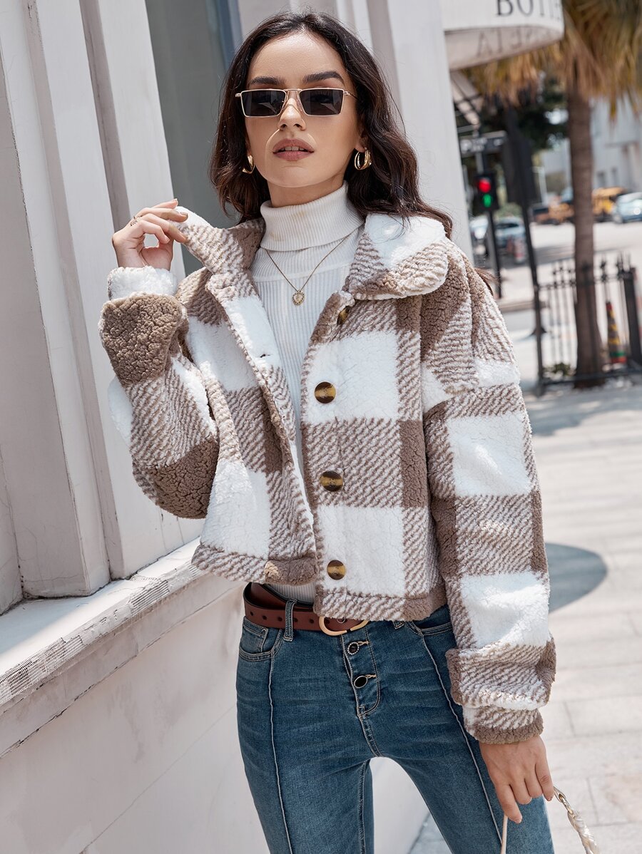 SHEIN LUNE Plaid Button Front Teddy Jacket | SHEIN USA