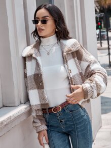 SHEIN LUNE Plaid Button Front Teddy Jacket | SHEIN USA