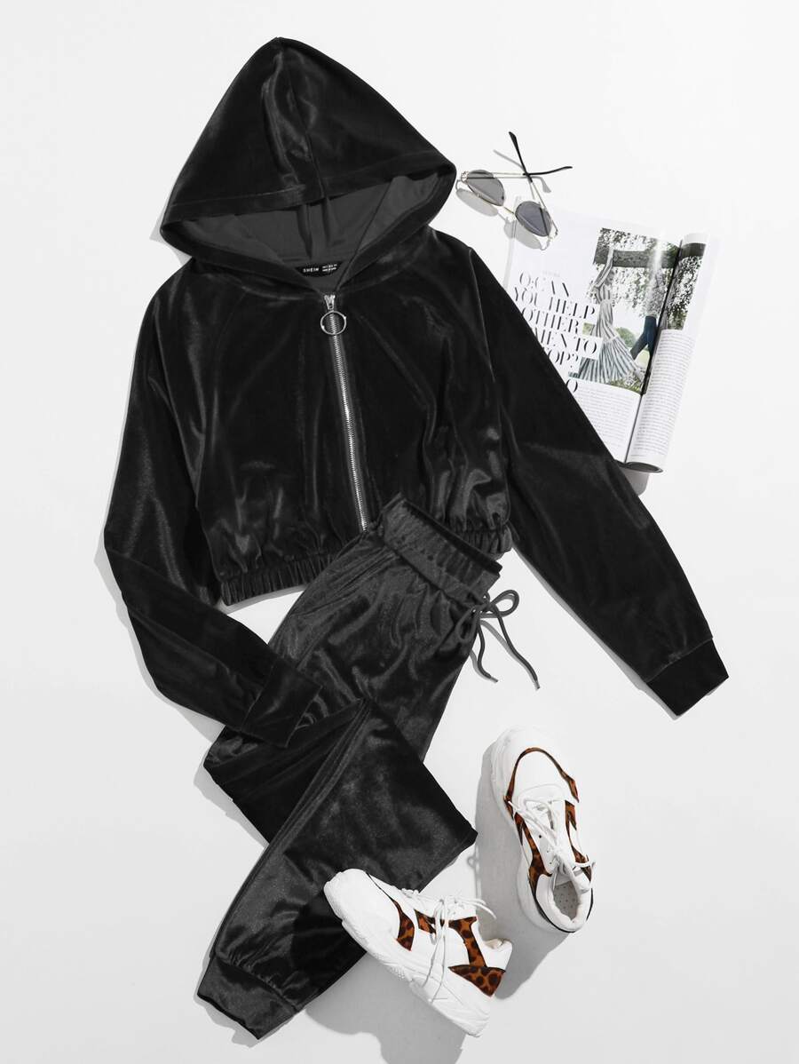 SHEIN EZwear O-ring Zip Up Velvet Hoodie & Joggers Set | SHEIN UK