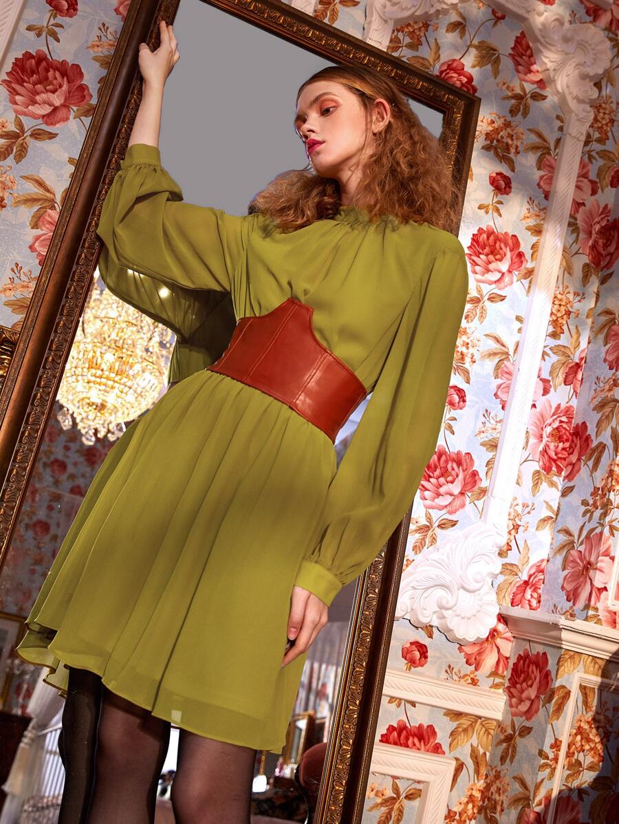 RGB Ruched Mock Neck Dress Without Corset | SHEIN USA