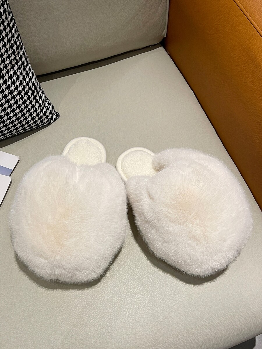 Minimalist Fuzzy Design Home Slippers, White Stylish Spliced Plain ...