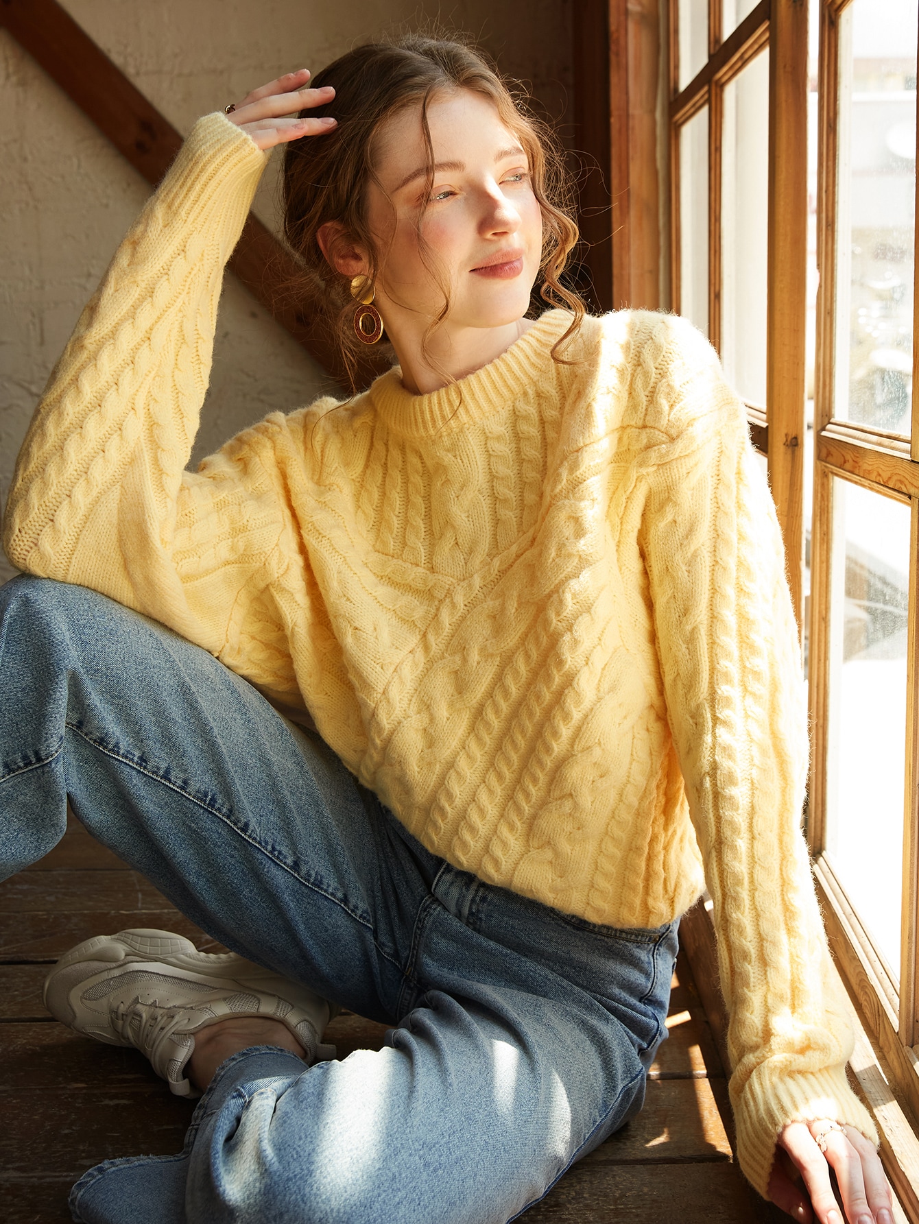 Cable Knit Drop Shoulder Sweater