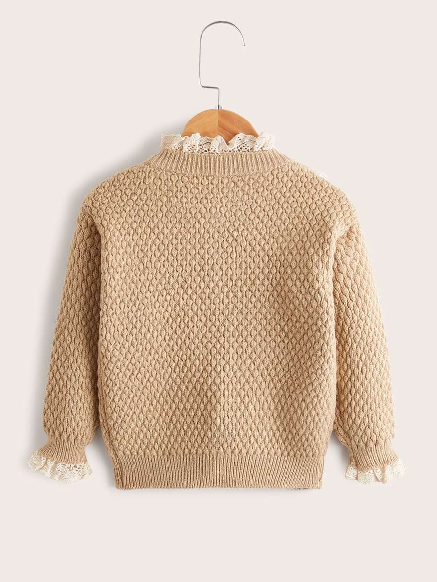 Young Girl Contrast Lace Frill Trim Bow Front Cardigan | SHEIN USA