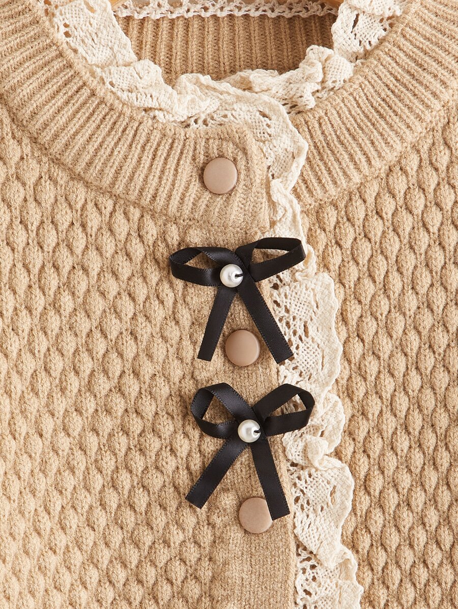 Young Girl Contrast Lace Frill Trim Bow Front Cardigan | SHEIN USA