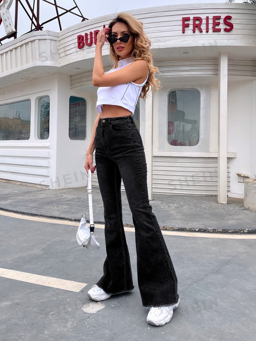SHEIN Frenchy High-rise Raw Hem Flare Jeans | SHEIN USA