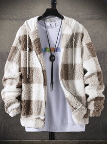 Manfinity Hypemode Men Buffalo Plaid Print Zip Up Drop Shoulder Hooded Teddy Jacket Without Top ...