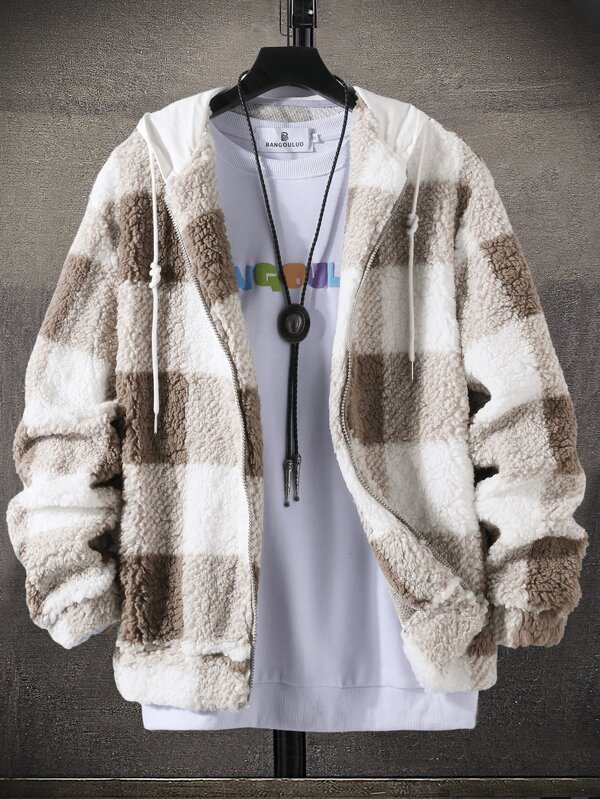 Manfinity Hypemode Men Buffalo Plaid Print Zip Up Drop Shoulder Hooded Teddy Jacket Without Top ...