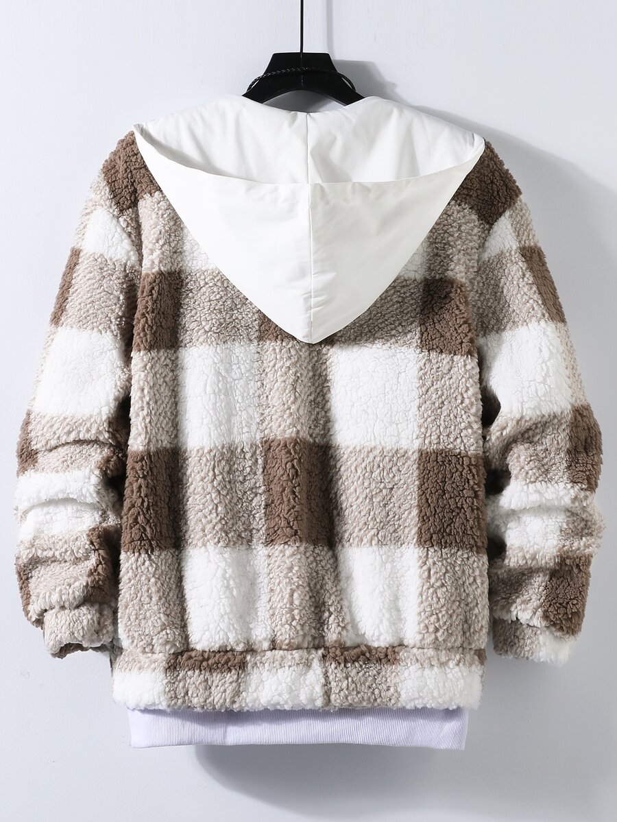 Manfinity Hypemode Men Buffalo Plaid Print Zip Up Drop Shoulder Hooded Teddy Jacket Without Top ...