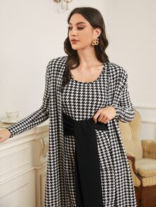 SHEIN Modely Houndstooth Longline Coat & Knot Front Bodycon Dress | SHEIN USA