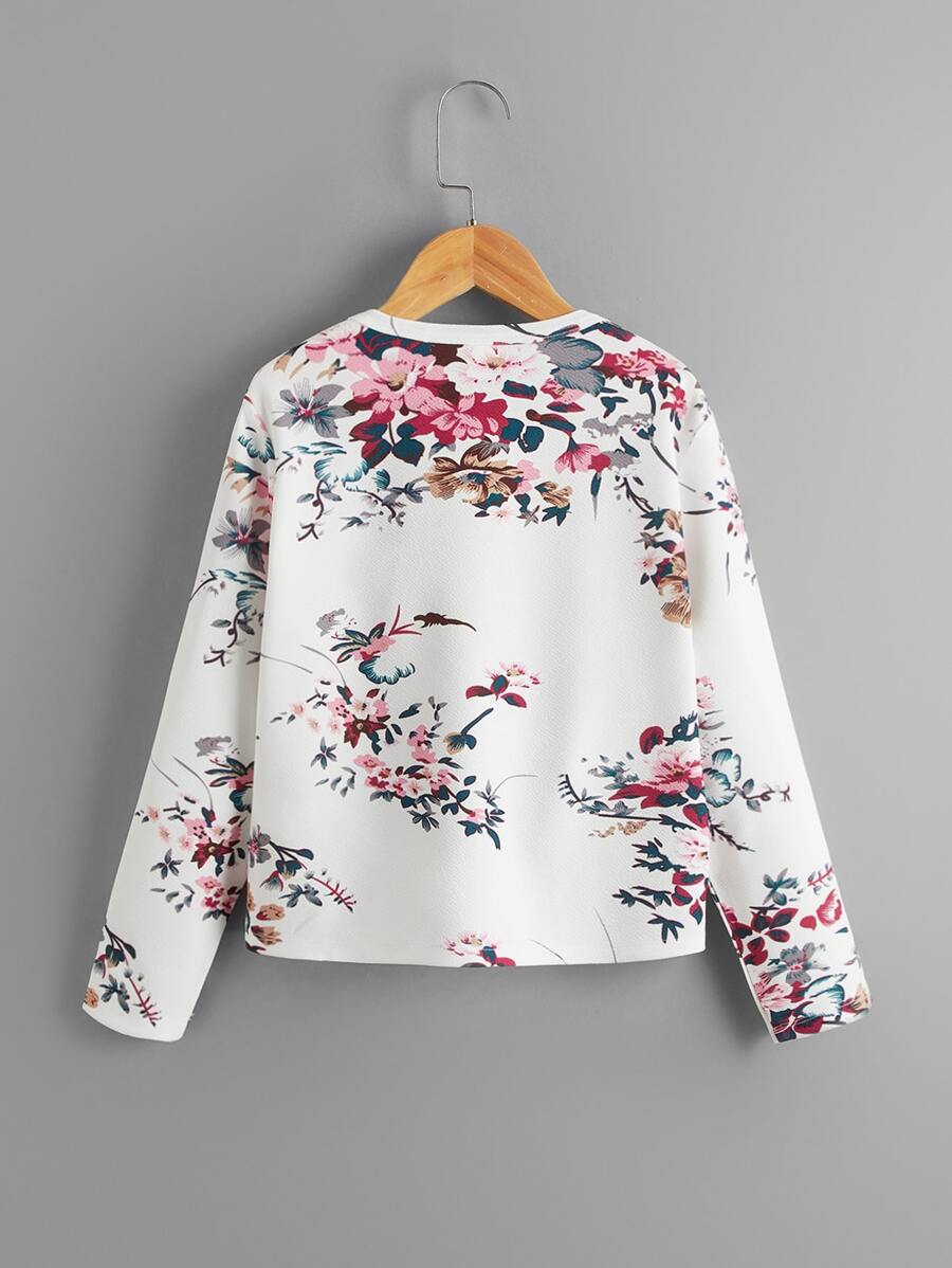 SHEIN Kids FANZEY Artsy Floral Print Girls' Big Kids Open-Front Jacket ...