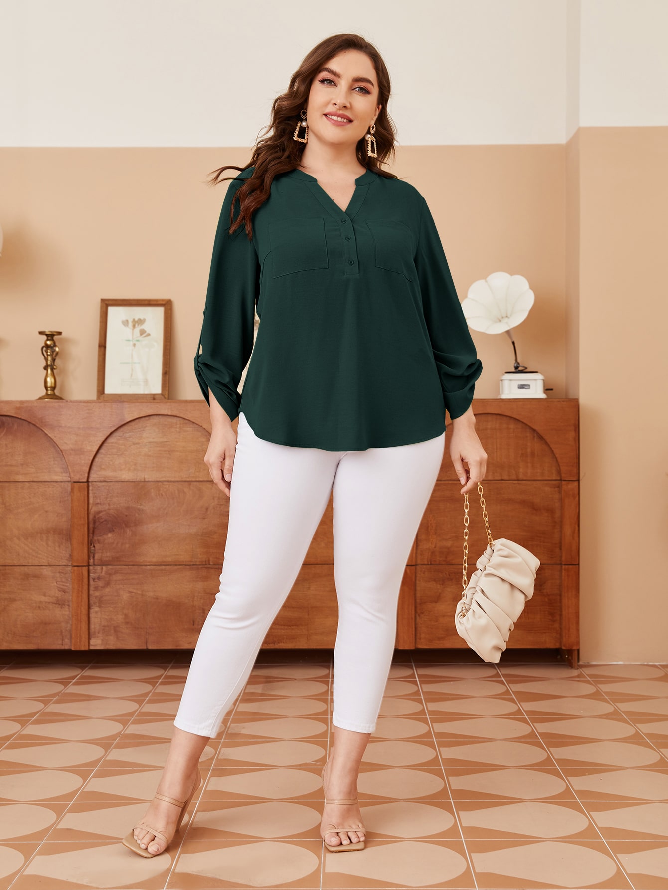 Shein Mulvari Plus Roll Tab Sleeve Patched Pocket Blouse Shein Usa